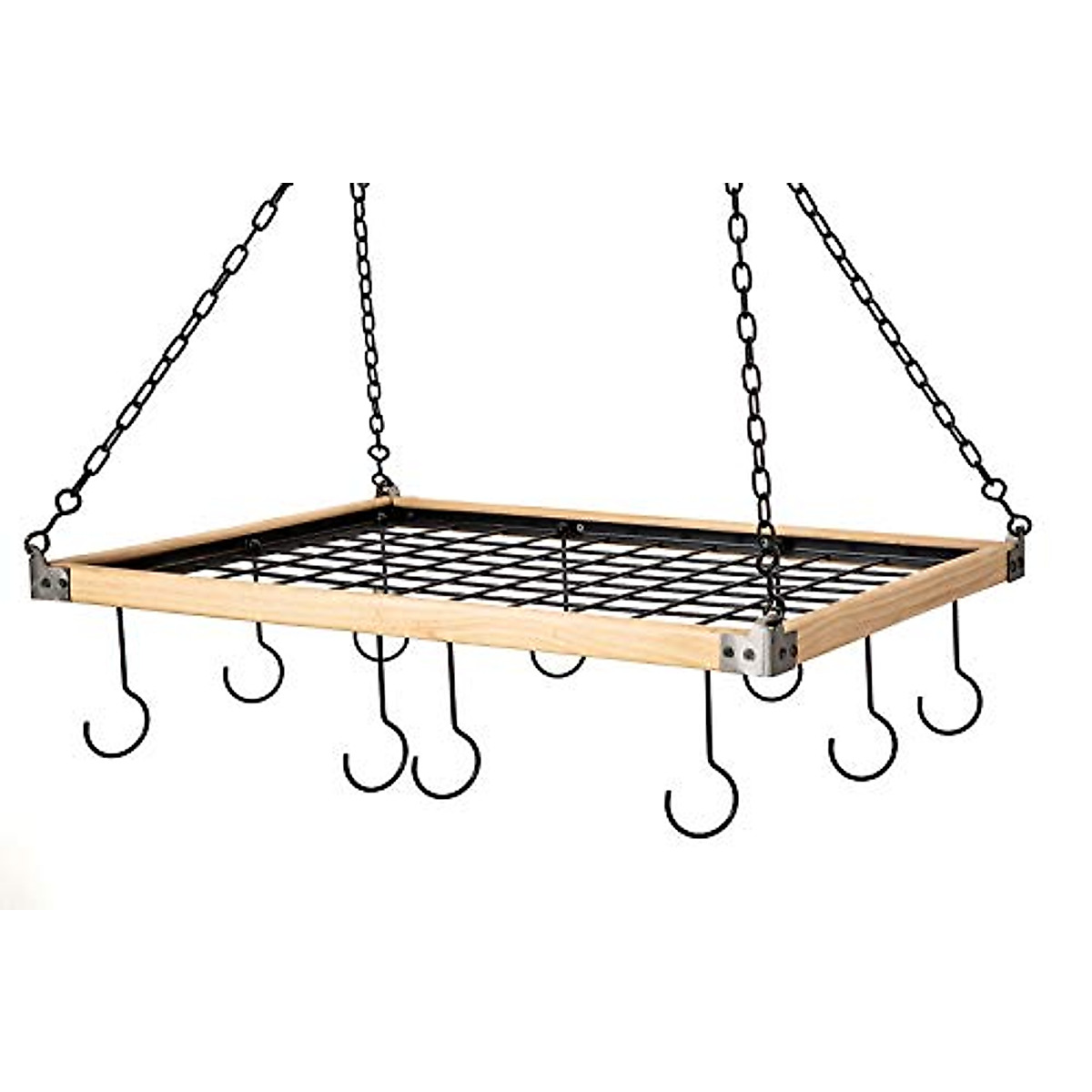 SODUKU Pot Pan Rack with Shelf Grid, Ceiling Mounted Hanging Multi-Purpose Wood & Metal Cookware Hanger Organizer Kitchen Storage with 10 Hooks