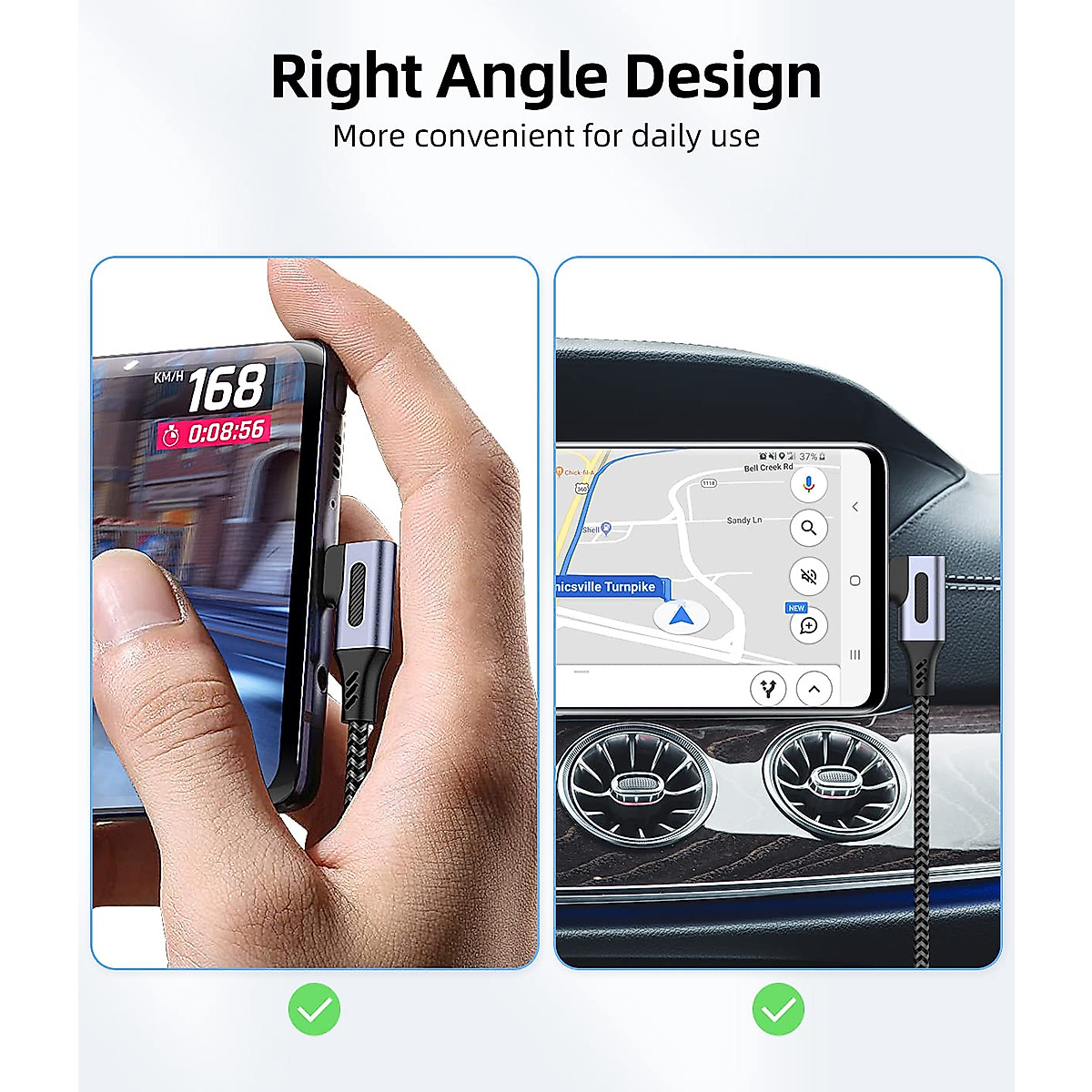 SUNGUY 2-Pack 1FT Right Angle USB A to USB C Charger Cable, Braided 3A Fast Charging & Data Sync 90 Degree USB 2.0 Type C Cable Compatible with Galaxy S20 S10 S9 Plus and More