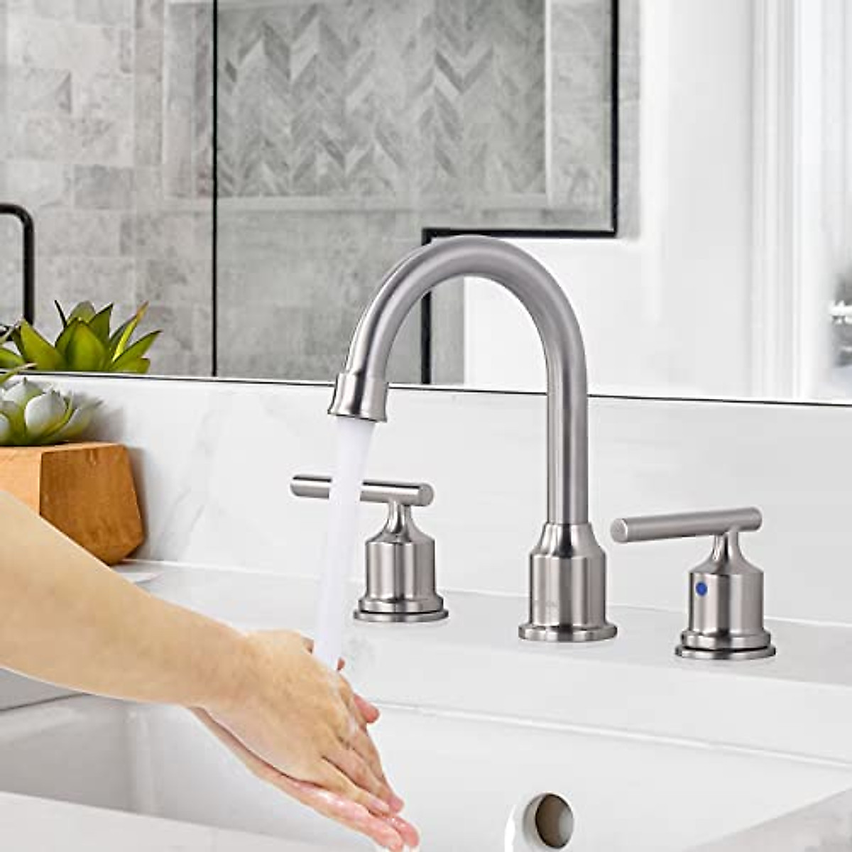 WOWOW Widespread Bathroom Faucet Brushed Nickel Bathroom Sink Faucet 8 inch Vanity Faucet 2 Handle 3 Holes Deck Mount Brass RV Bathroom Faucets with Drain