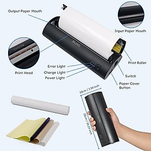 VLOXO Portable Printer, Cordless Thermal Printer Mini Inkless Printer Compatible with Phone & PC Tattoo Stencil Printer for Travel, Home, Office, with Thermal Paper and 10pcs Transfer Paper