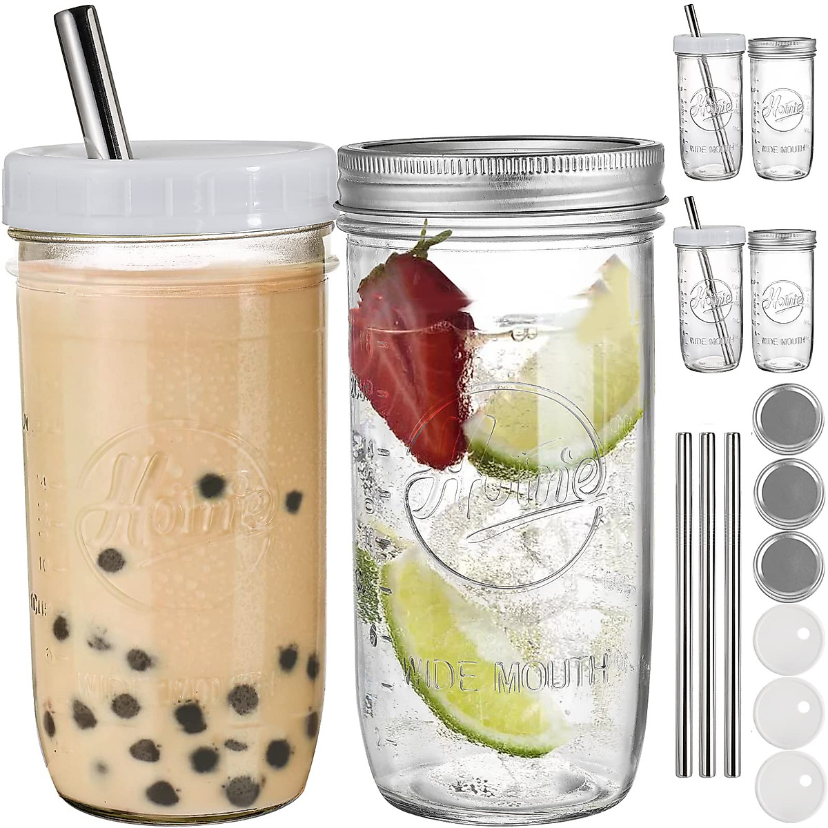 Dicunoy 6 Pack 24oz Glass Smoothie Cups, Reusable Boba Tea Cups with Lids and Straws, Wide Mouth Iced Coffee Cups Tumbler, Mason Jars for Iced Beverage, Juice, Jam, Honey, Travel Drinking