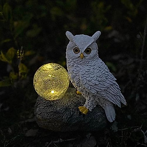 ARTCOS Garden Solar Lights Outdoor Decorative Pure White Owl Statue with Crackle Glass Globe LED Lights for Backyard, Lawn, Patio Decoration (Big)