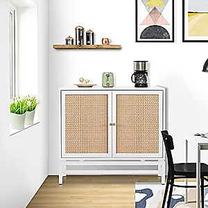 DKLGG Rattan Sideboard Buffet Cabinet Set of 2, Kitchen Sideboards and Buffets Cabinet with Storage, Accent Cupboard Cabinet with 2 Doors for Living Room, Dining Room, White, 31 x 15 x 31 inches