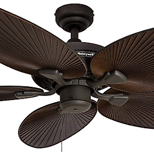 Honeywell Ceiling Fans Palm Island, 52 Inch Tropical Indoor Outdoor Ceiling Fan with No Light, Pull Chain, Three Mounting Options, 5 Palm Leaf Blades, Wet-Rated - 50207-01 (Bronze)