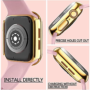 HANKN 2 Pack 45mm Tempered Glass Case Compatible with Apple Watch Series 9 8 7 45mm Tempered Glass Screen Protector Case, Plated Hard PC Cover Shockproof Iwatch Bumper (45mm, Gold+Gold)