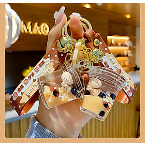 HSYHERE Men Women Creative Interesting Floating Milk Tea Brown Bear Lucky Bottle Keychain Keyrings. Bubble Tea Bear Moving Liquid Sand Car Key Chain Bag Pendant Decoration Holder - Cup.