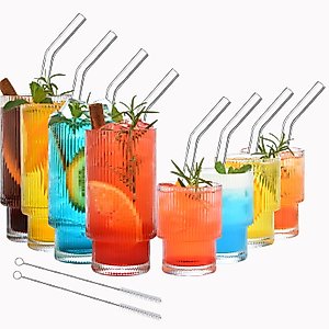 ALINK Ribbed Glassware Drinking Glasses with Straws Set of 8, Vintage Fluted Glassware Iced Coffee Cups, Ridged Glass Tumbler for Coocktail, Whiskey, Beer, Water- 2 Brush