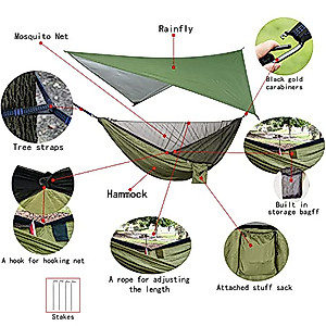 Portable Single Double Nylon High Strength Parachute Hammock Rainfly Set, Camping Hammock with Rain Fly Tarp and Mosquito Net Tent Tree Straps, Backpacking Hiking Travel Yard Outdoor Activities