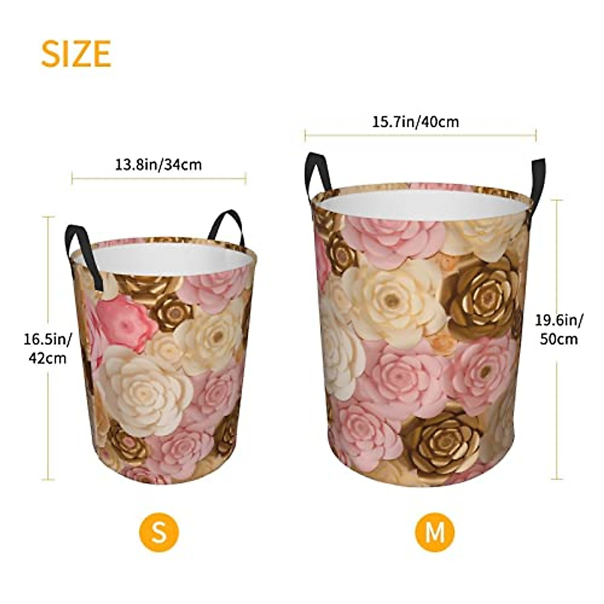 Pink White Gold Flowers Round Laundry Basket Toy Storage Basket, Storage Bin With Handle, Suitable For Bedroom, Toys, Boys, Girls, Toy Room