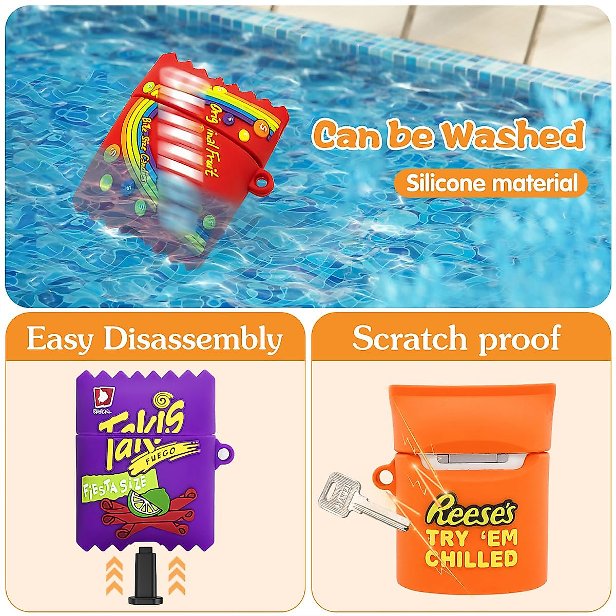 3 Pack AIBEAMER Funny Case for AirPods 2nd 1st Generation Protective Covers, New Takis Kawaii Food Fun Skin Soft Silicone Design for AirPods 2&1 Women Girl Kids with 3 Keychain Rainbow Candy Chocolate