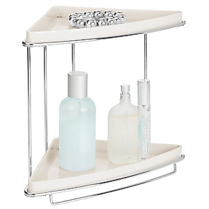 mDesign Steel/Plastic Freestanding Countertop Corner Shelf Organizer with 2-Tier Storage for Bathroom, Vanity, Cabinet, Counter - Holds Makeup, Bath Gel - Prism Collection - Cream