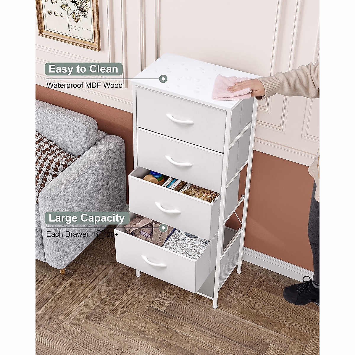 Crestlive Products Tall Dresser Vertical Storage Tower - Sturdy Steel Frame, Wood Top, Easy Pull Fabric Bins - Organizer Unit for Bedroom, Hallway, Entryway, Closets - 5 Drawers(White)