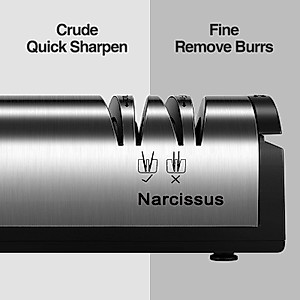 Narcissus Knife Sharpener, Professional 2 Stage Electric Knife Sharpener for Quick Sharpening & Polishing, with Scissors Sharpener and Metal Dust Collection Box, Stainless Steel, Silver