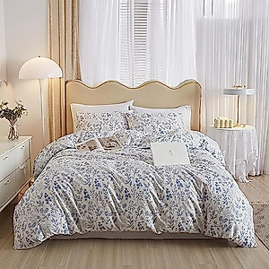 LifeTB Cotton Floral Duvet Cover Twin XL White Blue Floral Print Bedding Sets Vintage Boho Floral Comforter Cover Aesthetic Flower Botanical Duvet Cover Floral Twin XL Duvet Cover with Zipper Closure