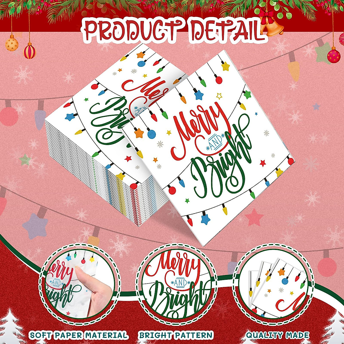 Sherr 200 Packs Christmas Napkins Light Christmas Paper Guest Towels 2 Ply Disposable Bathroom Napkins Decorative Paper Hand Towels for Xmas Winter Holiday Party Supplies (5 x 5 Inch)