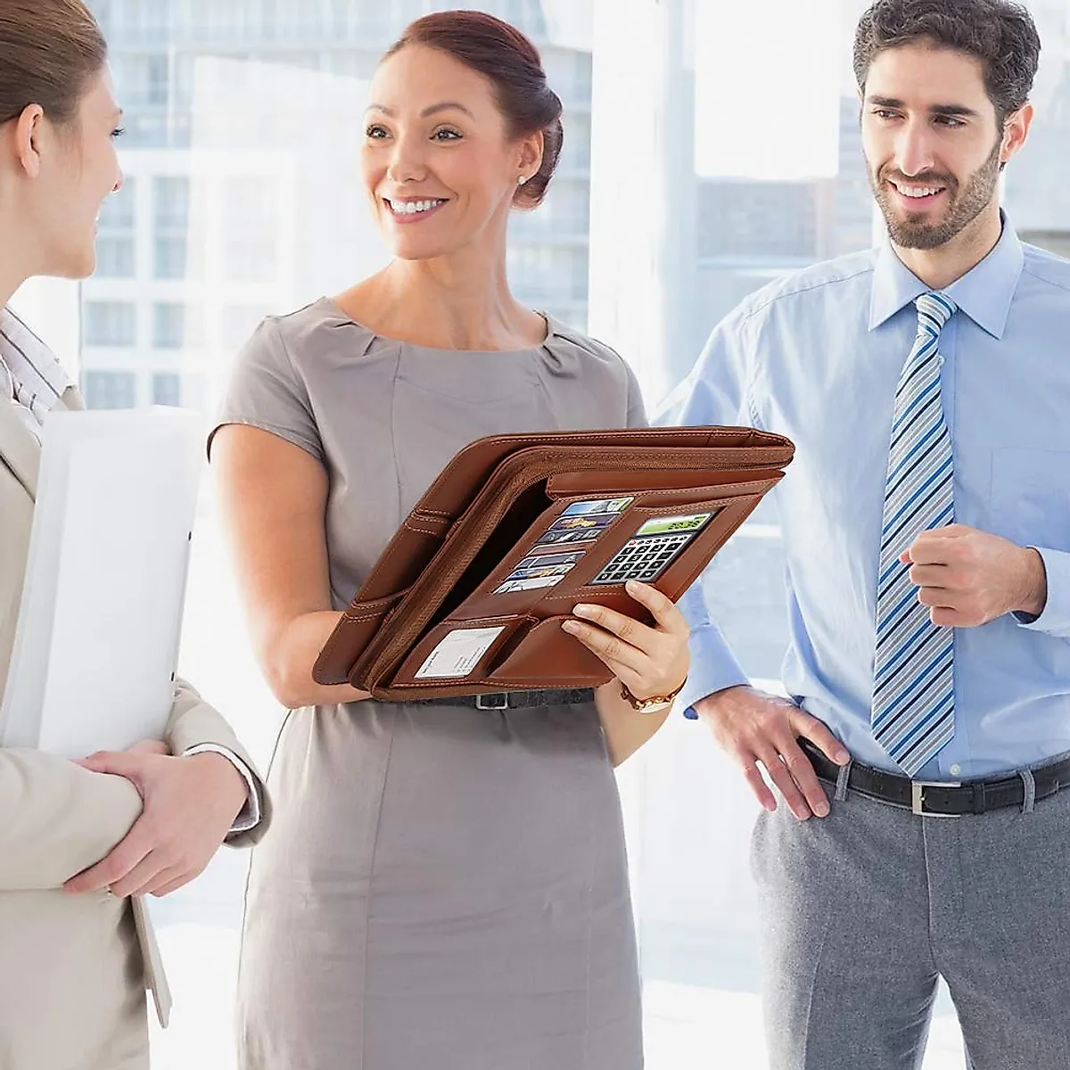 AtailorBird Padfolio,Magnetic Handle PU Leather Zippered Portfolio with 3 Ring Binder Document Organizer for Business Interview Office,Brown