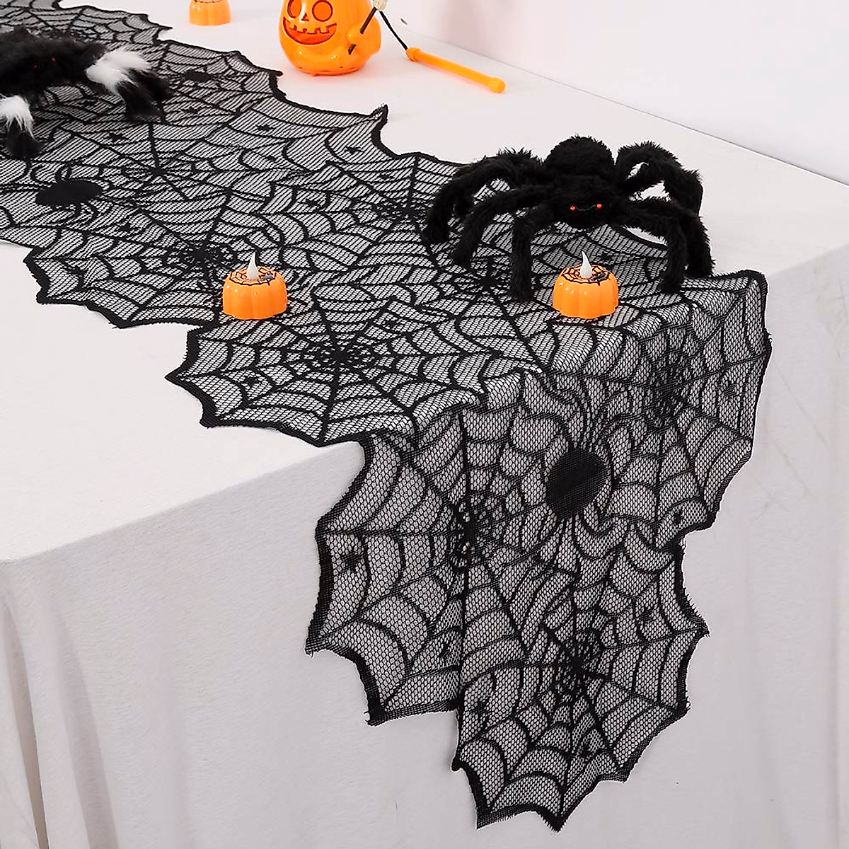 B-COOL Halloween Table Runners Lace 2 Packs Black Spider Web Linens Polyester Gathering Gothic Festival Fabric Decoration 18x72inch