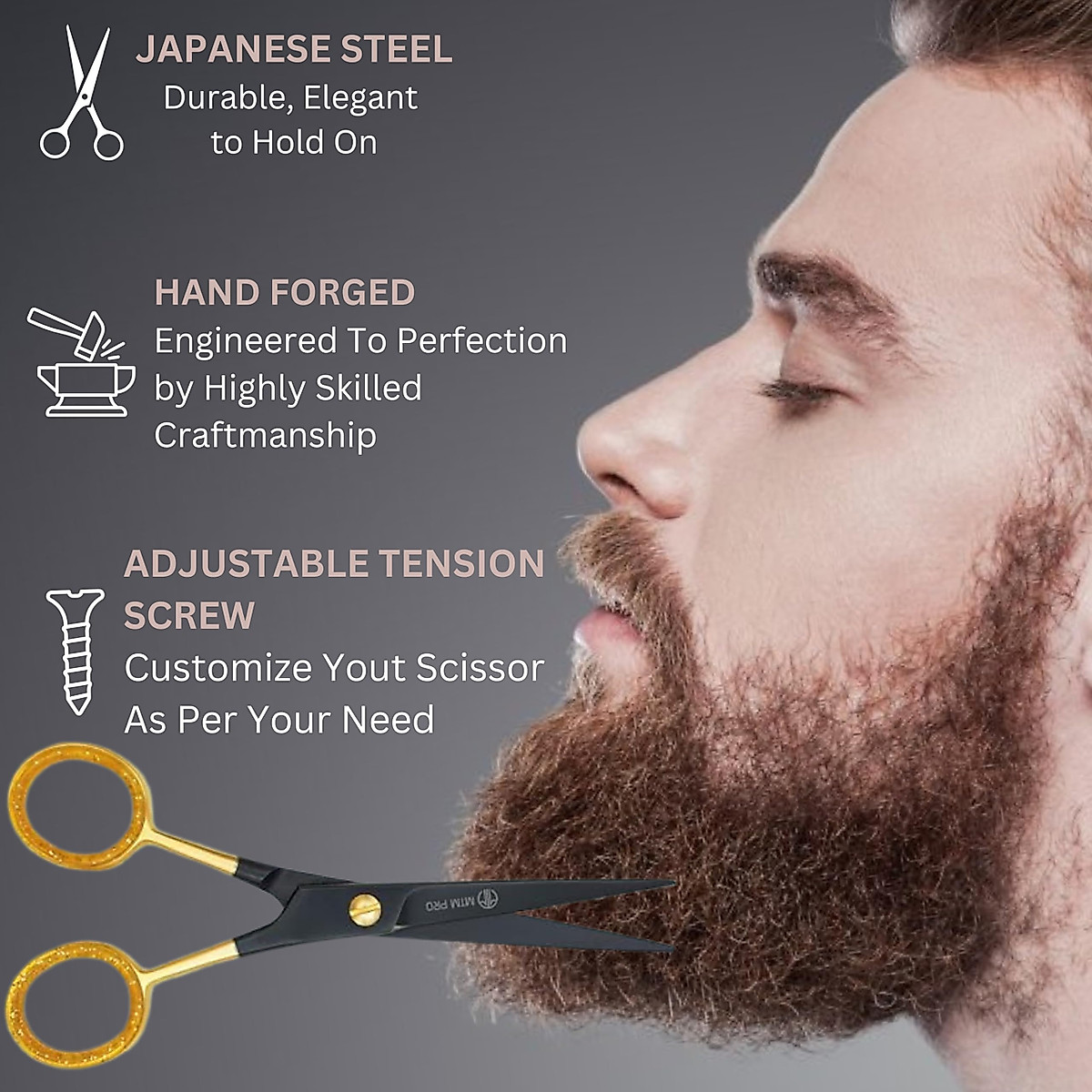 MTM PRO Professional Beard & Mustache Scissors with Mustache Comb Grooming kit For Men Beard Trimming Scissors, Small Grooming Scissors Men, Mustache & Beard Scissors (Black, Gold, 5 inches)