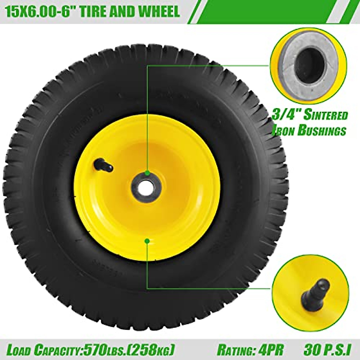15x6.00-6 Lawn Mower Tires with Wheel,Front Tire Assembly Replacement for John Deere,Craftsman,Cub Cadet and More Lawn &Garden Riding Mower,4 Ply Tubeless,570lbs Capacity,3" Offset Hub