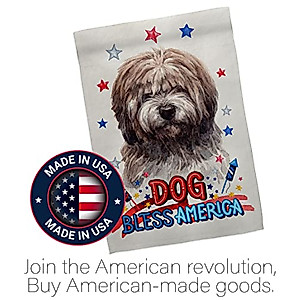 Breeze Decor Patriotic Brindle Tibetan Terrier Garden Flag-Set Wood Dowel Dog Puppy Spoiled Paw Canine Fur Pet Nature Farm Animal Creature House Banner Small Yard Gift Double-Sided, Made in USA