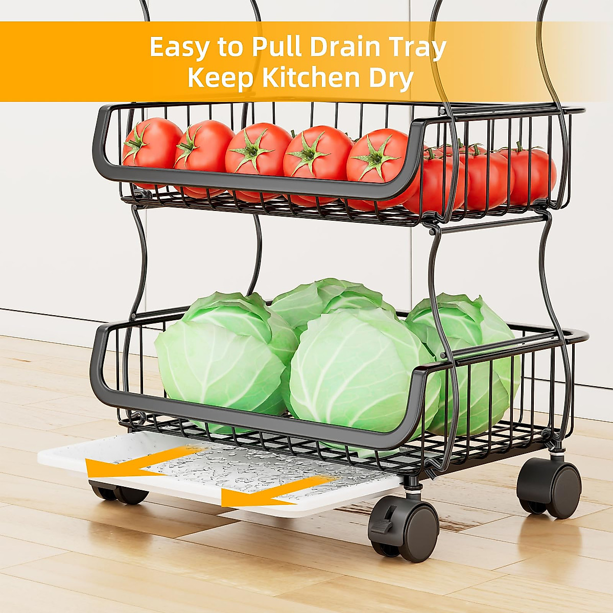 Simple Trending 4 Tier Rolling Cart, Stackable Fruit Vegetable Basket with Wheels and 2 Hanging Basket, Kitchen Storage Metal Wire Basket Stand for Vegetable Bread Snacks, Black