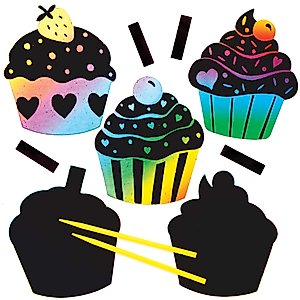 Baker Ross AT390 Cupcake Scratch Art Fridge Magents - Pack of 10, Rainbow Scratch Paper with Stylus for Kids to Decorate in Arts and Crafts Activities