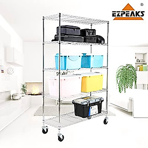 EzPeaks 5-Tier Chrome NSF Certified Storage Shelves, Heavy Duty Steel Wire Shelving Unit with Wheels and Adjustable Feet, Used as Pantry Shelf, Garage or Bakers Rack Kitchen Shelving (18"DX48"WX72"H)