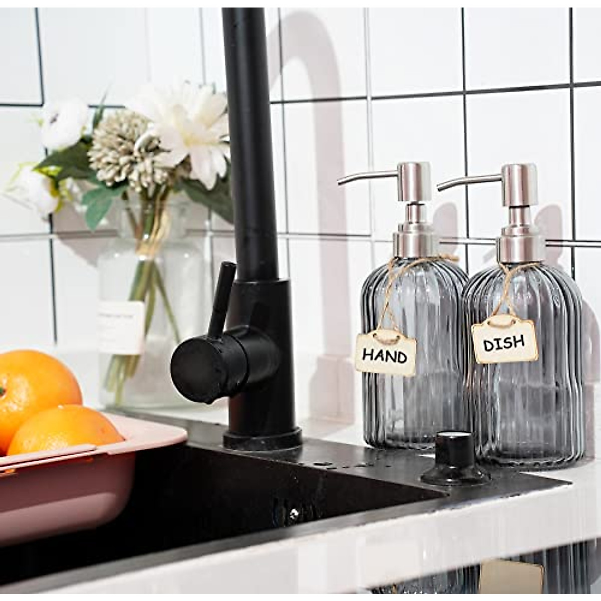 Funly mee 2-Pack 17 OZ Kitchen Dish Soap Bottle, Bathroom Hand Soap Dispenser with 304 Rustproof Stainless Steel Pump, Refillable Liquid Glass Soap Dispenser (Grey-2pack)