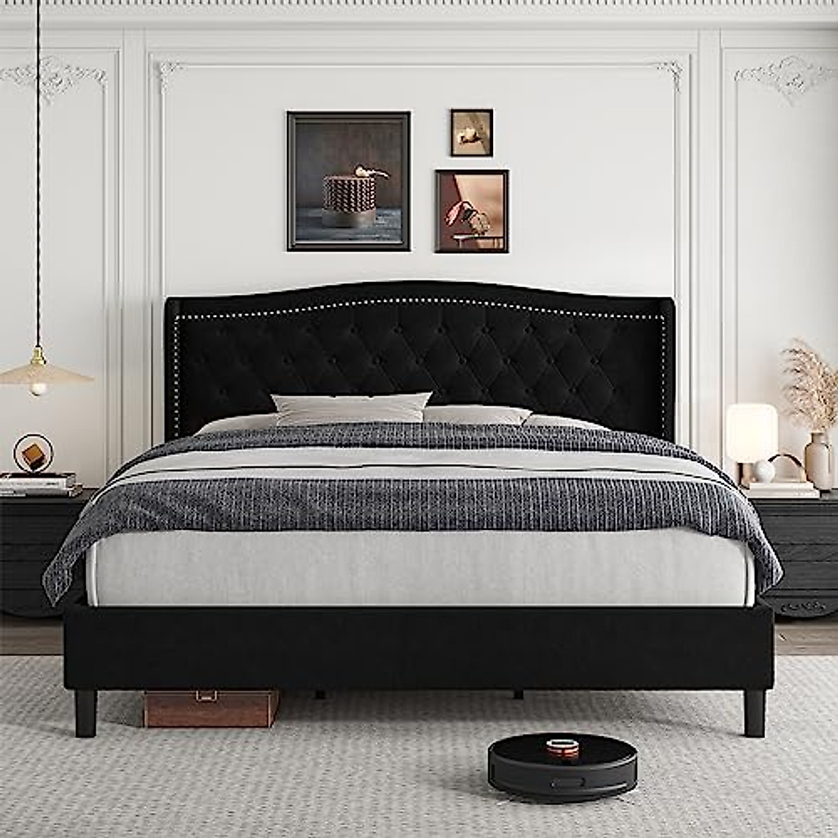 HOSTACK Modern Upholstered Platform King Bed Frame, Black, Velvet Fabric