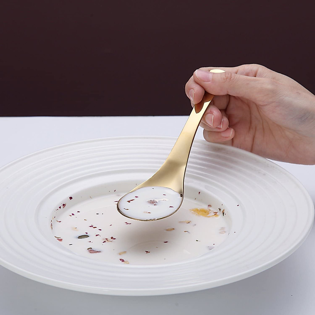 Kyraton Gold Soup Spoons 4 Pieces, Stainless Steel Titanium Plating Thick Heavy Weight Table Spoons, Asian Chinese Japanese Spoon Set for Cereal Ramen Dishwasher Safe