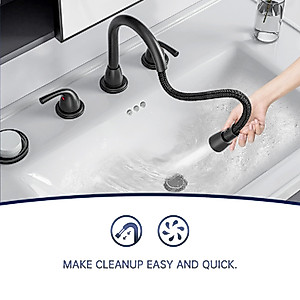 Phiestina Pull Down Sprayer Matte Black 8 Inch 3 Hole Bathroom Sink Faucet, 2 Handles Widespread Pull Out Bathroom Faucet, with Pop Up Drain and Water Supply Line,BF04008-B11-MB