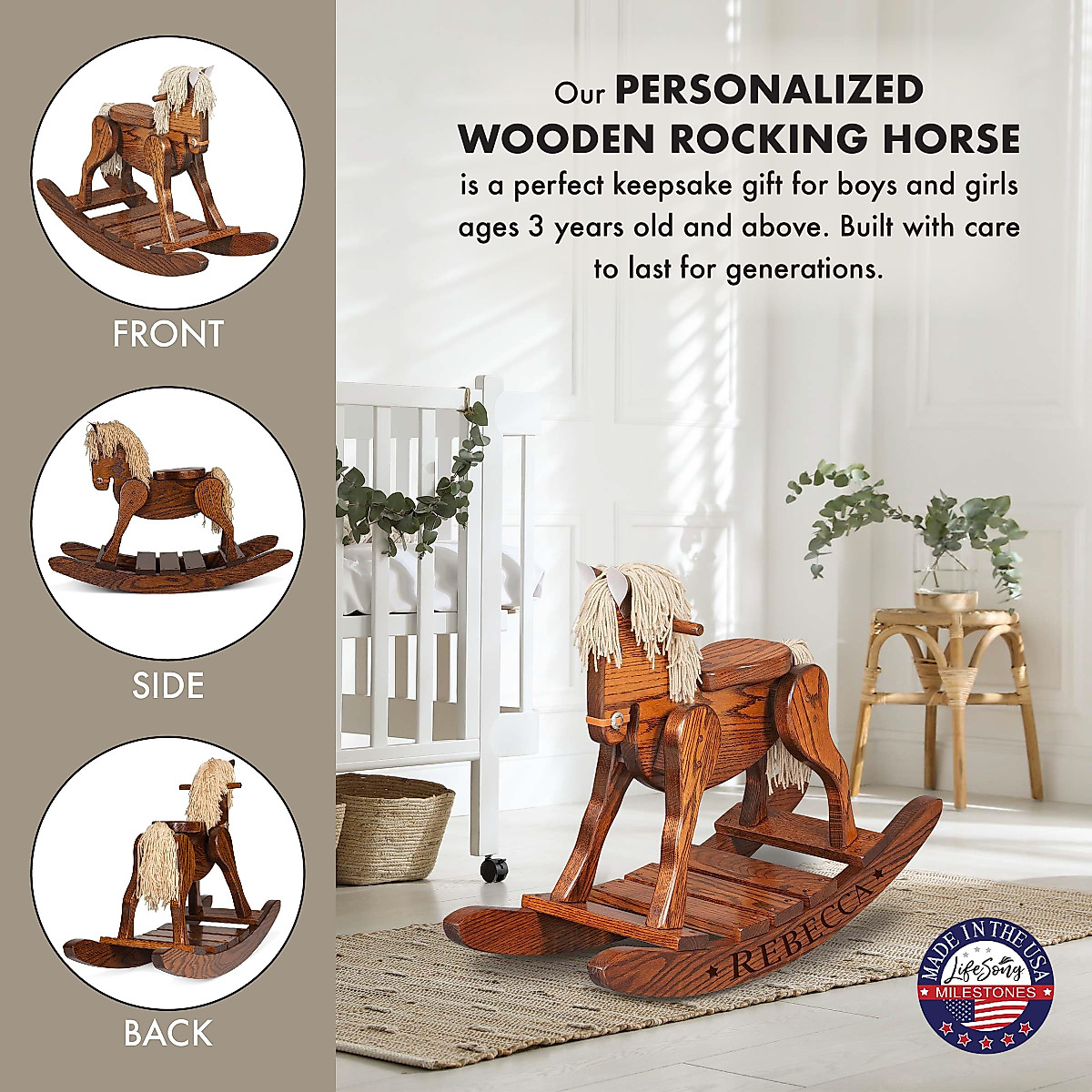 LifeSong Milestones Personalized Solid Oak Wooden Rocking Horse Cherry Toy for Toddlers Childrens and Kids Housewarming Nursery Gift Decorations Handcrafted in The USA Size: 34" L x 11.5" W x 24" H.
