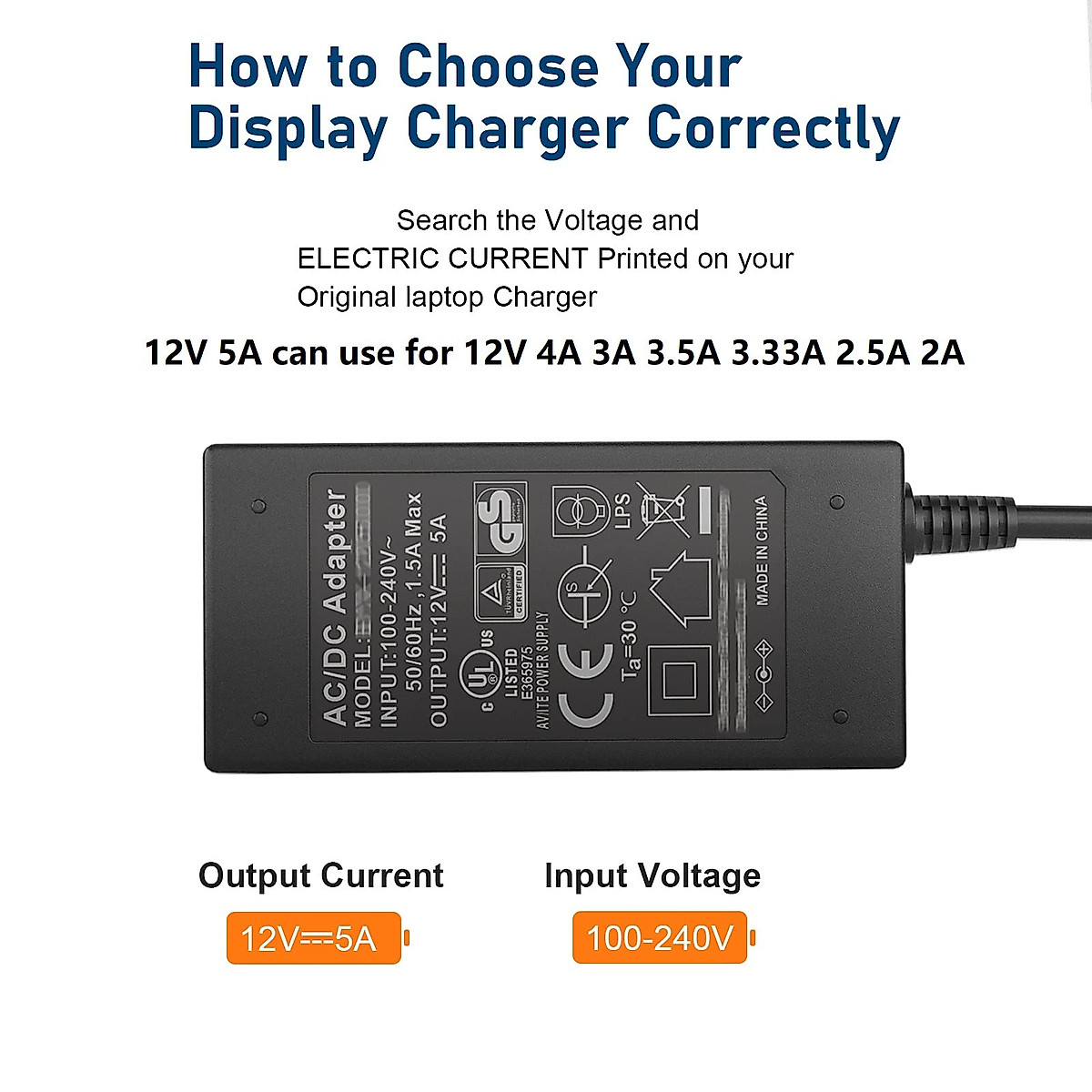 SoulBay 12V Power Cord for Sceptre Monitor, DC in 12V 5A AC Adapter for Sceptre 19" 20" 22" 24" 25" 27" 30" 32" Series LCD LED Monitor TV AD48ACM120400 Charger Replacement Power Supply, UL Listed
