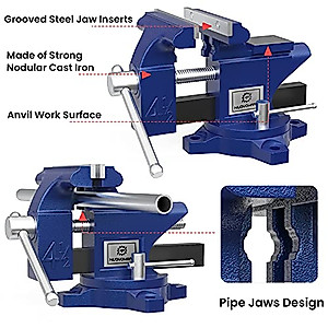 Nuovoware Heavy Duty Bench Vise 4.5 Inch, 240° Swivel Locking Base Bench Clamp with 125mm Vise Jaw, Clamp-on Home Merchanic Vice Desktop Clamp for Woodworking, Drilling, Cutting Conduit -Blue + Blue