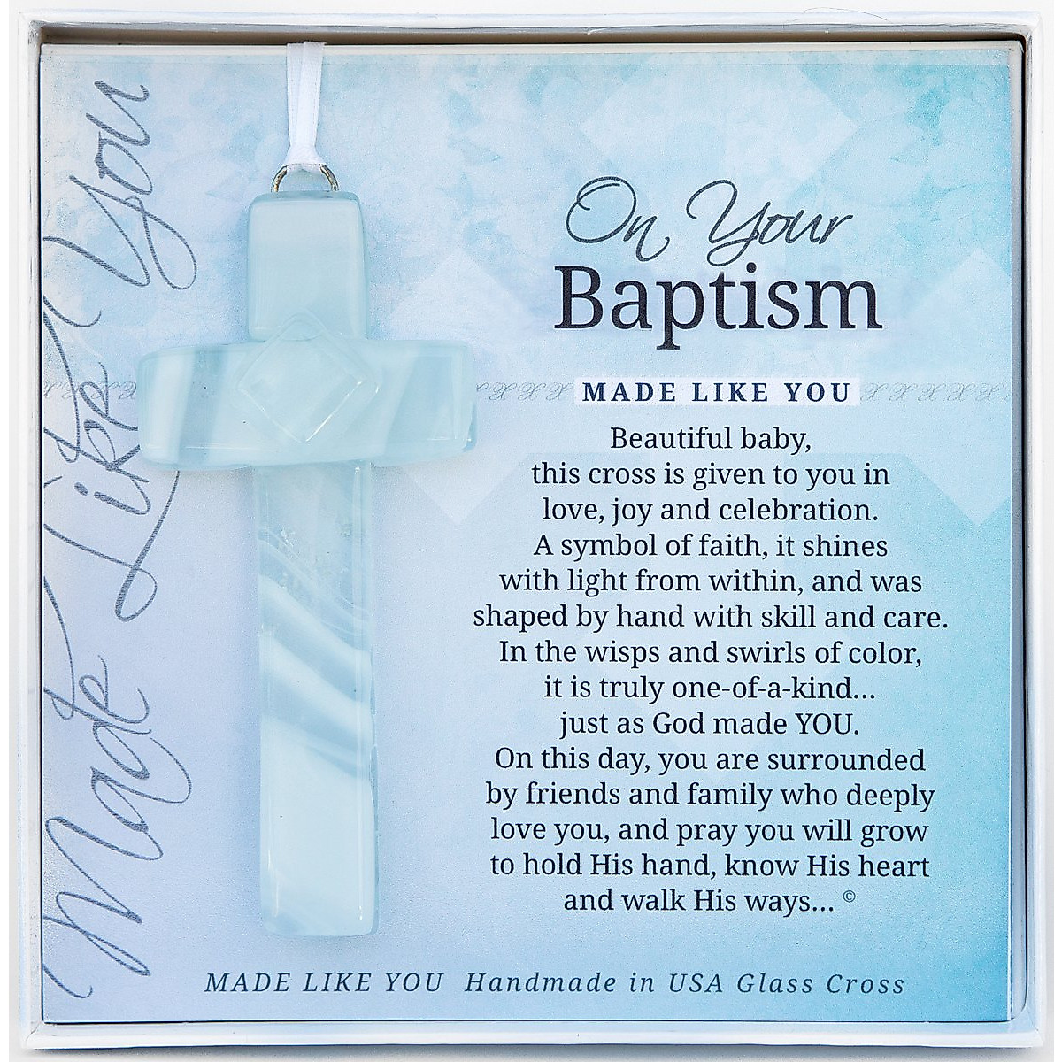 On Your Baptism Beautiful Baby Handmade Aqua Glass Cross - Treasured Baptism Gift for Baby Girl or Boy