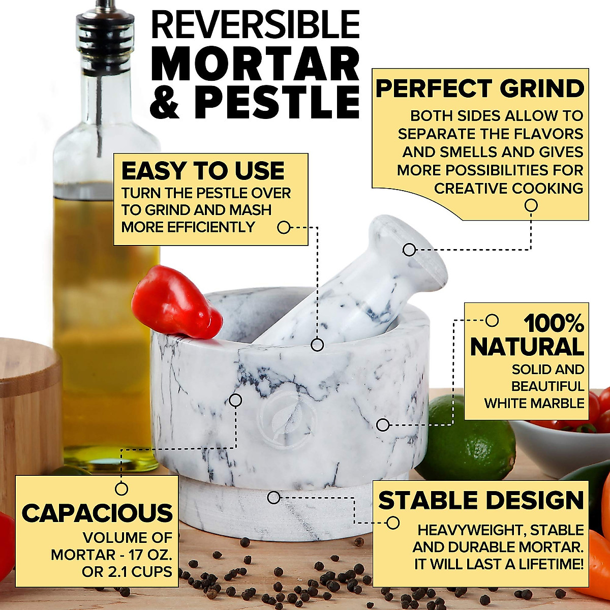 Laevo White Marble Mortar and Pestle Set (Large) | Stone Spice Grinder | 2.1 Cup Capacity | 5.5 inch | Reversible | Molcajete Mexicano | Guacamole, Pesto, Spices | Large Mortar & Pestles | Gift Set