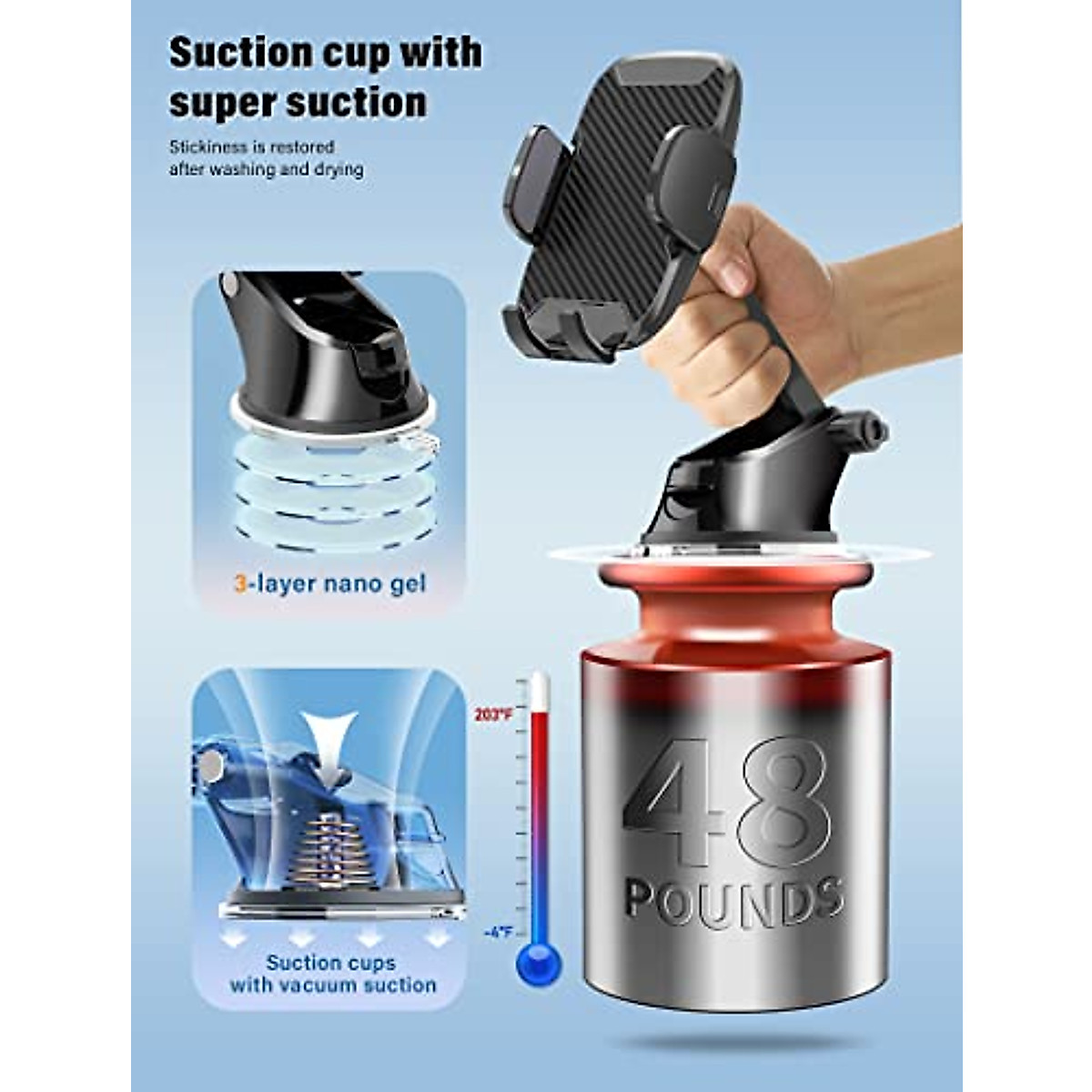 Phone Mount for Car [Strong Suction] Phone Holder Mount Hands-Free Universal Cell Phone Mounts for Dashboard/Windshield, 360° Rotation Extendable Mobile Car Holder for iPhone/Samsung/Oneplus