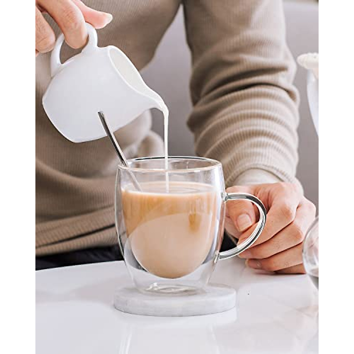 LIBWYS 4 Pack Double Walled Coffee Cups Glasses Mugs, 12oz Espresso Cappuccino Latte Tea Cups with Handle, Heat Resistant Borosilicate Clear Glasses 350ml