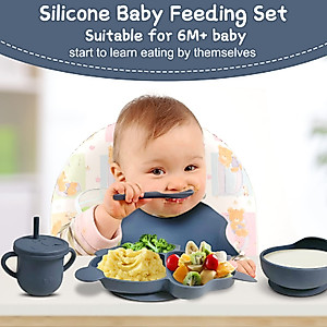 Silicone Baby Feeding Set,11Pack Toddlers Weaning Feeding Sippy Cup with Straw and Lid,Baby Bibs,Squirrel Plate Bowl With Suction,Baby Feeding Supplies Set (Squirrel-Deep Blue)
