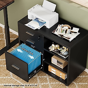 Kemon 3 Drawer Wood File Cabinet Mobile Lateral Filing Cabinet with Lock Printer Stand with Open Adjustable Storage Shelves for Home Office Organization Hanging Letter/Legal/F4/A4(Black)