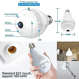 RUSFEIDA Smartbulb360 Security Camera, 360 Degree Panoramic Indoor/Outdoor Wireless IP WiFi Camera for Baby/Pet/Nanny/Elder/Home, Color Night Vision, Motion Detection, Two Way Talk, E27 Light Socket