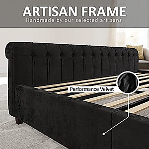 AMERLIFE King Size Platform Bed Frame, Velvet Upholstered Sleigh Bed with Scroll Wingback Headboard & Footboard/Button Tufted/No Box Spring Required/Black