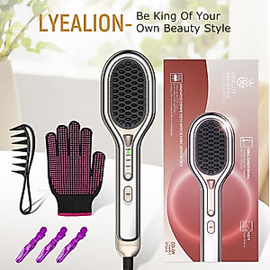 Hair Straightener Brush Ceramic | Negative Ionic Ring Straightening Comb | Natural Hairstyles Heat Brush Dual Voltage Fast Heat-Up with Dense Bristles, 4 Temps, Anti-Scald & Auto-Off