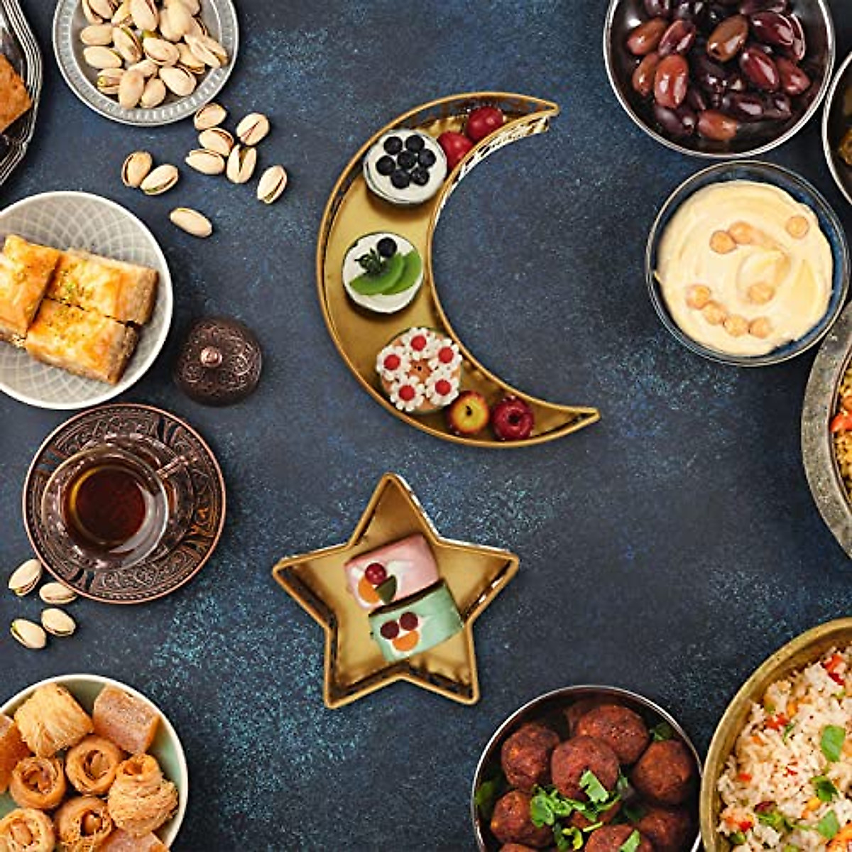 Eid Star Dinner Plate Tray Fruit Plate Ramadan Decoration Ramadan Moon Serving Tray Muslim Food Tray Mubarak Metal Serving Dishes Islam Snack Display Holder for Ramadan Islam Party Decoration, Gold