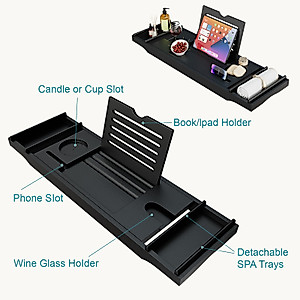 GIVINGTREE Bath Caddy Tray for Bathtub, Bamboo Bathtub Tray Caddy - Wood Bath Tray Expandable with Smartphone Tablet Book Holders, Soap Tray, Wine Glass Slot, Black