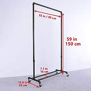 MBQQ Industrial Pipe Clothing Racks on Wheels,35in Length Heavy Duty Garment Racks Commercial Grade,Vintage Rolling Ballet Rack Clothes Display Rack Retail Display,Black Brush Silver