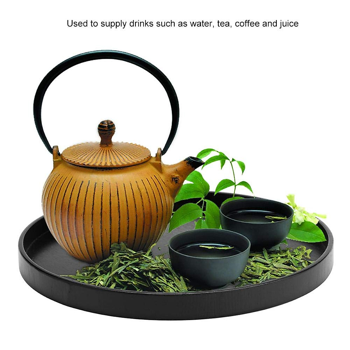 Food Serving Tray Wooden Round Anti-Slip Black Tea Tray Serving Table for Home Shop Office Bar Use(30cm)