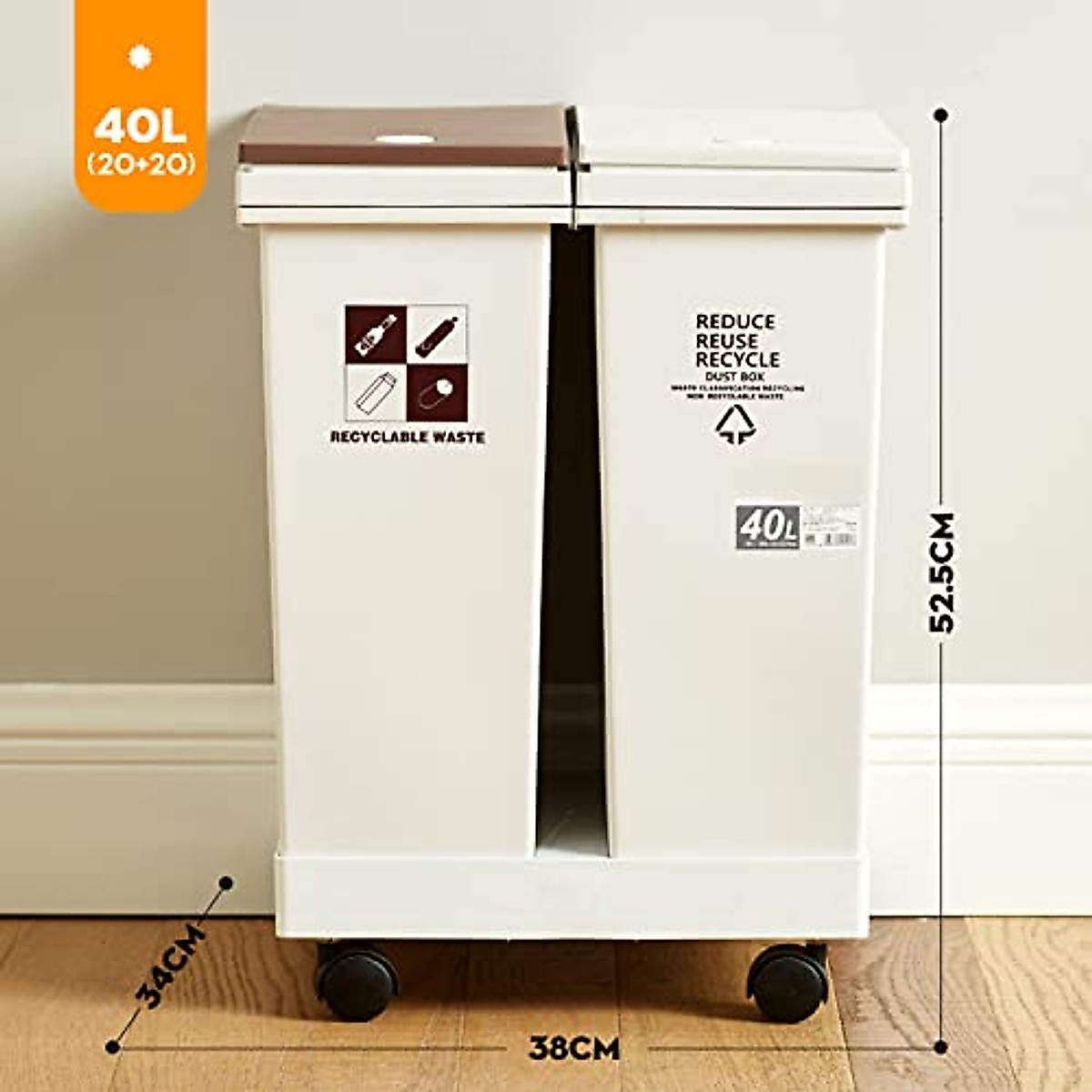 Sequpr Kitchen Trash Can with Lid can Slide 40l(20l+20l), 2 x 5.28 Gal Garbage Can for Kitchen Outdoor, Double Trash Cabinet Cans Bin with Holder, Plastic Storage Recycling Bins, White
