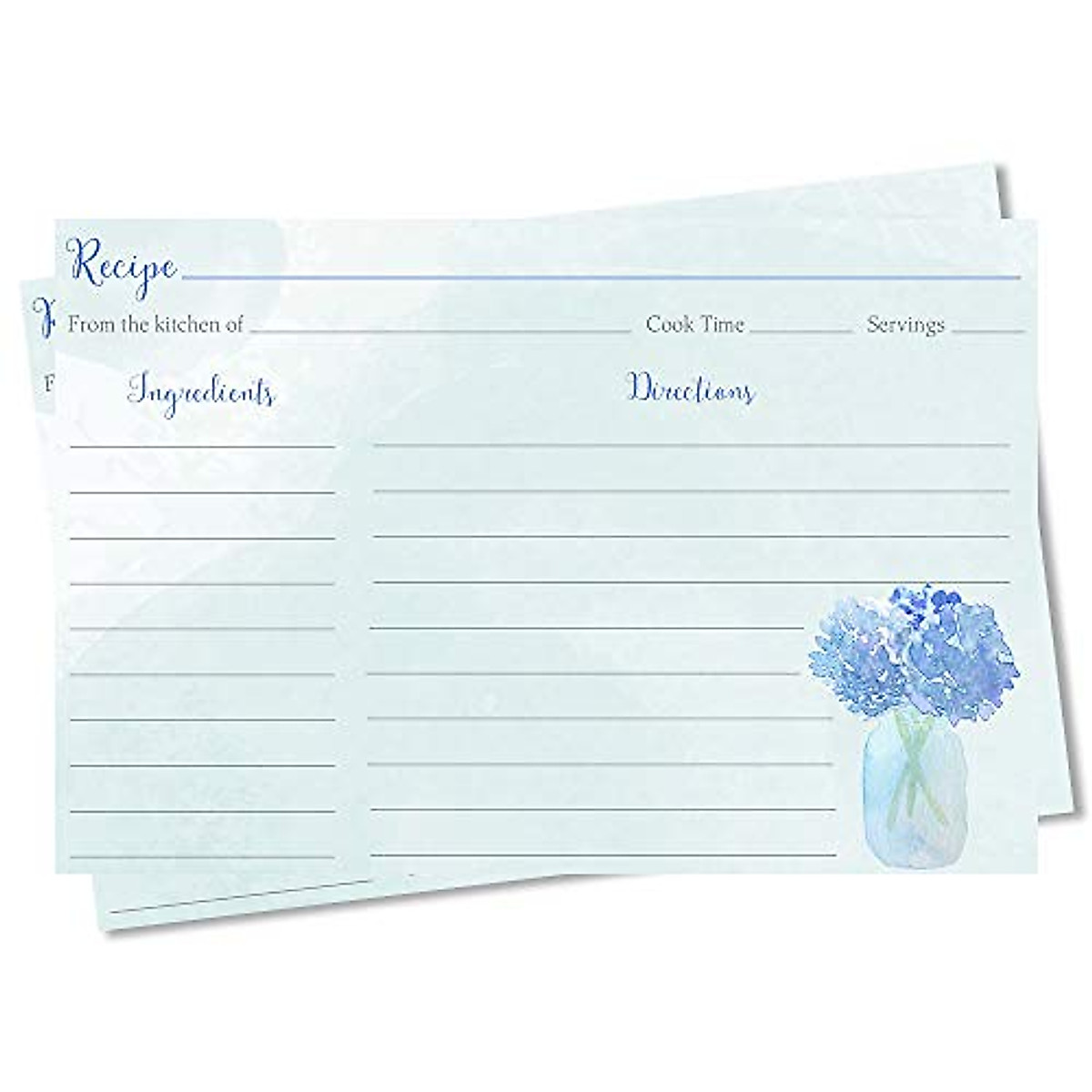 Recipe Cards 4x6 Double Sided 24 Count Hydrangea Mason Jar Blue Bridal Shower Gift Floral Wedding Gift Housewarming (24 Count)