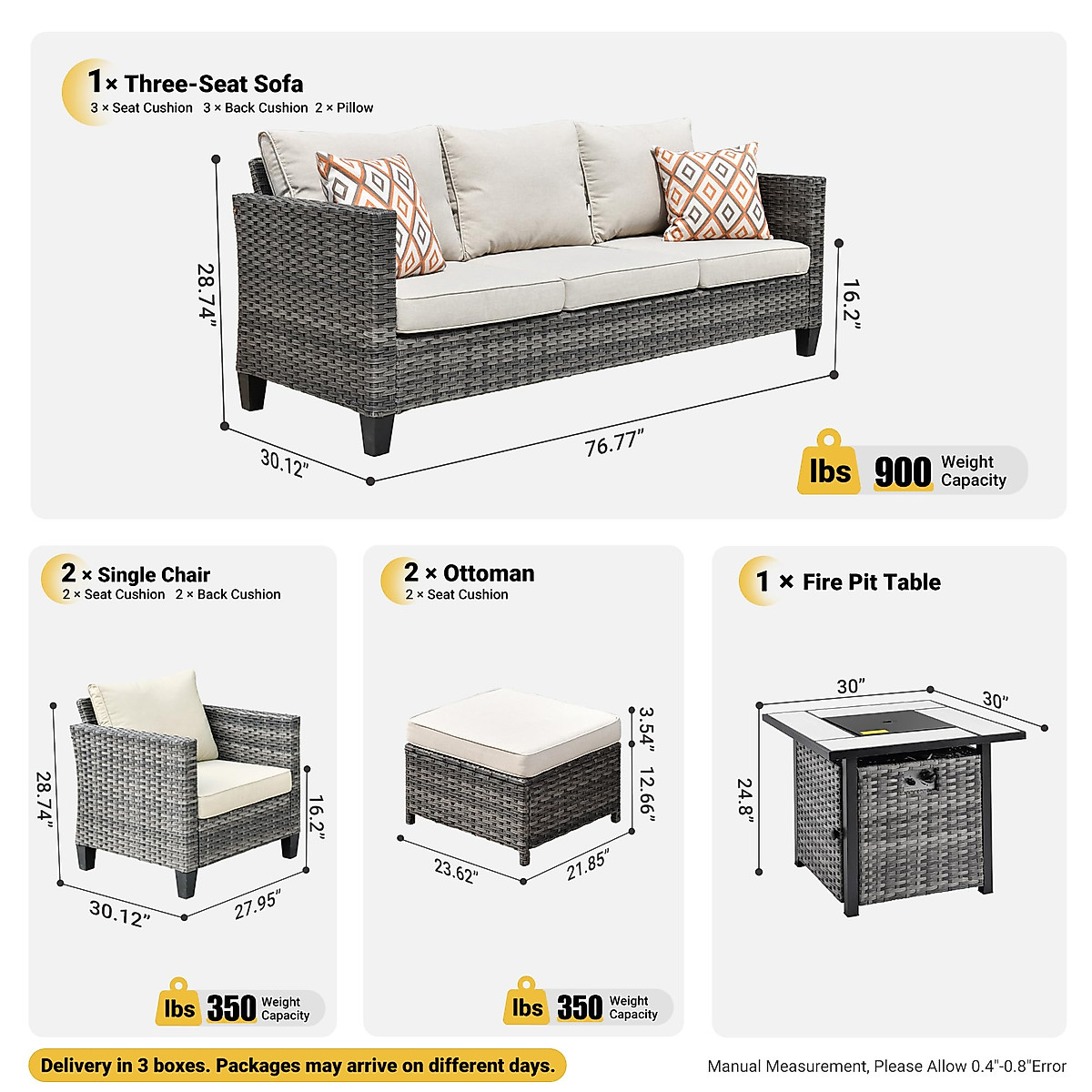 ovios Patio Furniture Set, 6 Pieces Outdoor Furniture with Square Propane Fire Pit Table, Conversation Set with Couch Chairs Ottomans for Garden Backyard Porch (Beige)